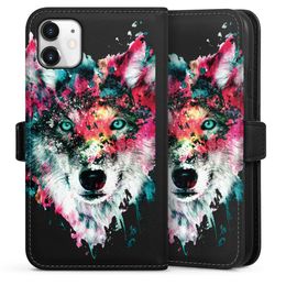 DeinDesign iPhone 11 Handy Klapph&uuml;lle Handyh&uuml;lle aus Kunst Leder schwarz Flip Case Colourful Wolf Riza Peker Sideflip mit Lasche