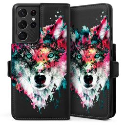 DeinDesign Galaxy S21 Ultra 5G Handy Klapph&uuml;lle Handyh&uuml;lle aus Kunst Leder schwarz Flip Case Colourful Wolf Riza Peker Sideflip mit Lasche