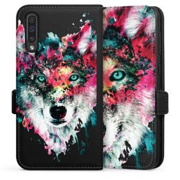DeinDesign Galaxy A50 Handy Klapph&uuml;lle Handyh&uuml;lle aus Kunst Leder schwarz Flip Case Colourful Wolf Riza Peker Sideflip mit Lasche