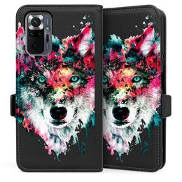 DeinDesign Xiaomi Redmi Note 10 Pro Handy Klapph&uuml;lle Handyh&uuml;lle aus Kunst Leder schwarz Flip Case Colourful Wolf Riza Peker Sideflip mit langer Lasche