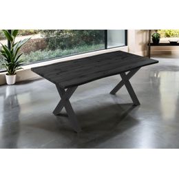 Esstisch 180x90 cm Baumkante Holz Grau-Optik X-Gestell Metall schwarz JOSY