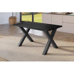 Esstisch 120x80 cm Baumkante Holz Grau-Optik X-Gestell Metall schwarz JULIUS