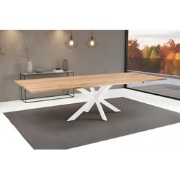 Esstisch 200(300)x100 cm mit Ansteckplatten Baumkante Wildeiche massiv Spider-Gestell wei&szlig; SERRA