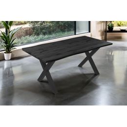 Esstisch 180x90 cm Baumkante Holz Grau-Optik X-Gestell Metall schwarz JOSY