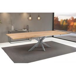 Esstisch 200(300)x100 cm mit Ansteckplatten Baumkante Wildeiche massiv Spider-Gestell silber SERRA