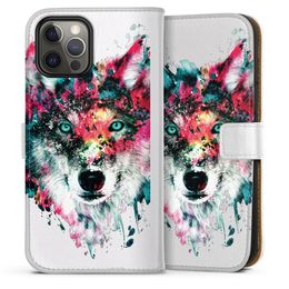 DeinDesign iPhone 12 Pro Max Handy Klapph&uuml;lle Handyh&uuml;lle aus Kunst Leder wei&szlig; Flip Case Colourful Wolf Riza Peker Sideflip mit Lasche