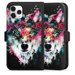 DeinDesign iPhone 11 Pro Handy Klapph&uuml;lle Handyh&uuml;lle aus Kunst Leder schwarz Flip Case Colourful Wolf Riza Peker Sideflip mit Lasche