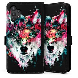 DeinDesign Galaxy A32 5G Handy Klapph&uuml;lle Handyh&uuml;lle aus Kunst Leder schwarz Flip Case Riza Peker Colourful Wolf Sideflip mit langer Lasche