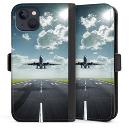 DeinDesign iPhone 13 Handy Klapph&uuml;lle Handyh&uuml;lle aus Kunst Leder schwarz Flip Case Wanderlust Airplane Urlaub Sideflip mit Lasche