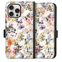 DeinDesign iPhone 15 Pro Max Handy Klapph&uuml;lle Handyh&uuml;lle aus Kunst Leder schwarz Flip Case Pastel Flower Muster Sideflip mit Lasche