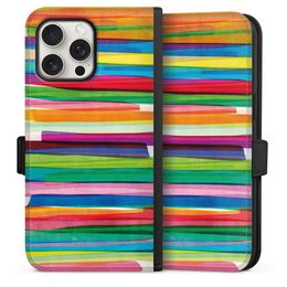 DeinDesign iPhone 15 Pro Max Handy Klapph&uuml;lle Handyh&uuml;lle aus Kunst Leder schwarz Flip Case Water Colour Stripes Colourful Sideflip mit Lasche