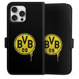 DeinDesign iPhone 15 Pro Max Handy Klapph&uuml;lle Handyh&uuml;lle aus Kunst Leder schwarz Flip Case Borussia Dortmund Official Licensed Product Bvb Sideflip mit Lasche