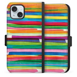 DeinDesign iPhone 15 Handy Klapph&uuml;lle Handyh&uuml;lle aus Kunst Leder schwarz Flip Case Water Colour Stripes Colourful Sideflip mit Lasche