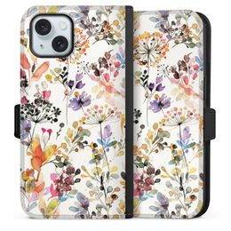 DeinDesign iPhone 15 Handy Klapph&uuml;lle Handyh&uuml;lle aus Kunst Leder schwarz Flip Case Pastel Flower Muster Sideflip mit Lasche