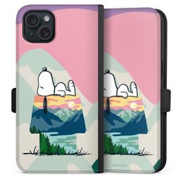 DeinDesign iPhone 15 Plus Handy Klapph&uuml;lle Handyh&uuml;lle aus Kunst Leder schwarz Flip Case Official Licensed Product Peanuts Snoopy Sideflip mit Lasche
