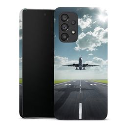 DeinDesign Galaxy A53 5G Handy Premium Case Smartphone Handyh&uuml;lle Schutzh&uuml;lle gl&auml;nzend Urlaub Airplane Wanderlust Premium Case