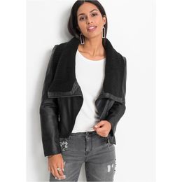 bonprix Damen bonprix Lederimitatjacke ohne Kapuze taillierte Passform, asymmetrischer Schalkragen, unifarbene Optik schwarz 46