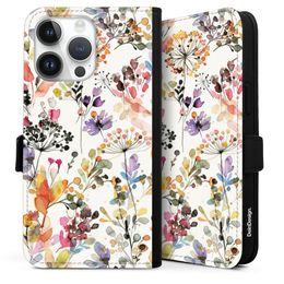 DeinDesign iPhone 14 Pro Max Handy Klapph&uuml;lle Handyh&uuml;lle aus Kunst Leder schwarz Flip Case Pastel Flower Muster Sideflip mit Lasche