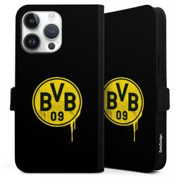 DeinDesign iPhone 14 Pro Max Handy Klapph&uuml;lle Handyh&uuml;lle aus Kunst Leder schwarz Flip Case Borussia Dortmund Official Licensed Product Bvb Sideflip mit Lasche