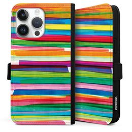 DeinDesign iPhone 14 Pro Max Handy Klapph&uuml;lle Handyh&uuml;lle aus Kunst Leder schwarz Flip Case Water Colour Stripes Colourful Sideflip mit Lasche