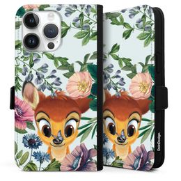 DeinDesign iPhone 14 Pro Max Handy Klapph&uuml;lle Handyh&uuml;lle aus Kunst Leder schwarz Flip Case Disney Bambi Flowers Sideflip mit Lasche