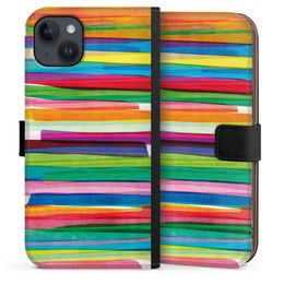DeinDesign iPhone 14 Plus Handy Klapph&uuml;lle Handyh&uuml;lle aus Kunst Leder schwarz Flip Case Water Colour Stripes Colourful Sideflip mit langer Lasche