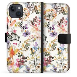 DeinDesign iPhone 14 Plus Handy Klapph&uuml;lle Handyh&uuml;lle aus Kunst Leder schwarz Flip Case Pastel Flower Muster Sideflip mit langer Lasche
