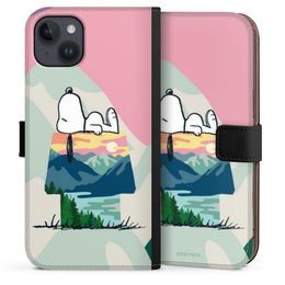 DeinDesign iPhone 14 Plus Handy Klapph&uuml;lle Handyh&uuml;lle aus Kunst Leder schwarz Flip Case Official Licensed Product Peanuts Snoopy Sideflip mit langer Lasche