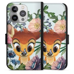 DeinDesign iPhone 14 Pro Handy Klapph&uuml;lle Handyh&uuml;lle aus Kunst Leder schwarz Flip Case Disney Bambi Flowers Sideflip mit langer Lasche