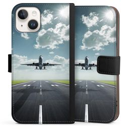 DeinDesign iPhone 14 Handy Klapph&uuml;lle Handyh&uuml;lle aus Kunst Leder schwarz Flip Case Wanderlust Airplane Urlaub Sideflip mit Lasche