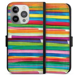 DeinDesign iPhone 14 Pro Handy Klapph&uuml;lle Handyh&uuml;lle aus Kunst Leder schwarz Flip Case Water Colour Stripes Colourful Sideflip mit langer Lasche