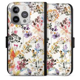 DeinDesign iPhone 14 Pro Handy Klapph&uuml;lle Handyh&uuml;lle aus Kunst Leder schwarz Flip Case Pastel Flower Muster Sideflip mit langer Lasche