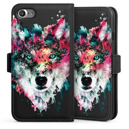 DeinDesign iPhone SE (2020) Handy Klapph&uuml;lle Handyh&uuml;lle aus Kunst Leder schwarz Flip Case Riza Peker Colourful Wolf Sideflip mit Lasche