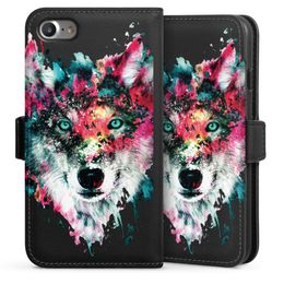DeinDesign iPhone 8 Handy Klapph&uuml;lle Handyh&uuml;lle aus Kunst Leder schwarz Flip Case Riza Peker Colourful Wolf Sideflip mit Lasche