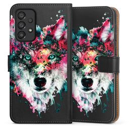 DeinDesign Galaxy A33 5G Handy Klapph&uuml;lle Handyh&uuml;lle aus Kunst Leder schwarz Flip Case Riza Peker Colourful Wolf Sideflip mit langer Lasche