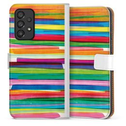 DeinDesign Galaxy A33 5G Handy Klapph&uuml;lle Handyh&uuml;lle aus Kunst Leder wei&szlig; Flip Case Stripes Water Colour Colourful Sideflip mit Lasche