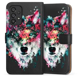 DeinDesign Galaxy A53 5G Handy Klapph&uuml;lle Handyh&uuml;lle aus Kunst Leder schwarz Flip Case Riza Peker Colourful Wolf Sideflip mit langer Lasche