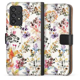 DeinDesign Galaxy A53 5G Handy Klapph&uuml;lle Handyh&uuml;lle aus Kunst Leder schwarz Flip Case Pastel Flower Muster Sideflip mit langer Lasche