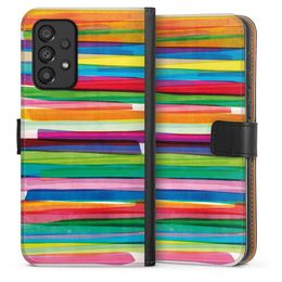 DeinDesign Galaxy A33 5G Handy Klapph&uuml;lle Handyh&uuml;lle aus Kunst Leder schwarz Flip Case Stripes Water Colour Colourful Sideflip mit langer Lasche