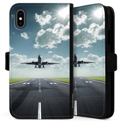 DeinDesign iPhone X Handy Klapph&uuml;lle Handyh&uuml;lle aus Kunst Leder schwarz Flip Case Wanderlust Airplane Urlaub Sideflip mit langer Lasche