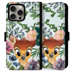 DeinDesign iPhone 16 Pro Handy Klapph&uuml;lle Handyh&uuml;lle aus Kunst Leder schwarz Flip Case Disney Bambi Flowers Sideflip mit Lasche