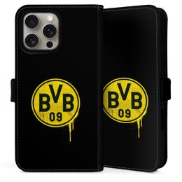DeinDesign iPhone 16 Pro Handy Klapph&uuml;lle Handyh&uuml;lle aus Kunst Leder schwarz Flip Case Borussia Dortmund Official Licensed Product Bvb Sideflip mit Lasche