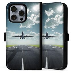 DeinDesign iPhone 16 Pro Max Handy Klapph&uuml;lle Handyh&uuml;lle aus Kunst Leder schwarz Flip Case Wanderlust Airplane Urlaub Sideflip mit Lasche