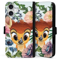 DeinDesign iPhone 16 Plus Handy Klapph&uuml;lle Handyh&uuml;lle aus Kunst Leder schwarz Flip Case Disney Bambi Flowers Sideflip mit Lasche