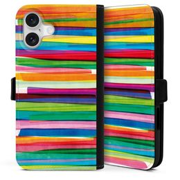 DeinDesign iPhone 16 Plus Handy Klapph&uuml;lle Handyh&uuml;lle aus Kunst Leder schwarz Flip Case Water Colour Stripes Colourful Sideflip mit Lasche