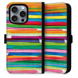 DeinDesign iPhone 16 Pro Max Handy Klapph&uuml;lle Handyh&uuml;lle aus Kunst Leder schwarz Flip Case Water Colour Stripes Colourful Sideflip mit Lasche