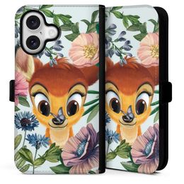 DeinDesign iPhone 16 Handy Klapph&uuml;lle Handyh&uuml;lle aus Kunst Leder schwarz Flip Case Disney Bambi Flowers Sideflip mit Lasche