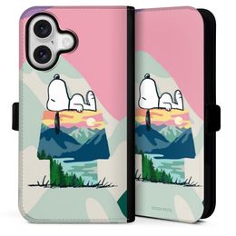 DeinDesign iPhone 16 Handy Klapph&uuml;lle Handyh&uuml;lle aus Kunst Leder schwarz Flip Case Official Licensed Product Peanuts Snoopy Sideflip mit Lasche