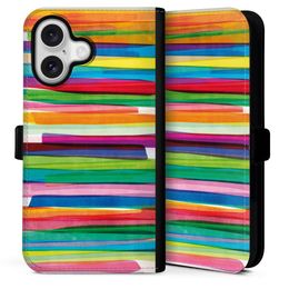 DeinDesign iPhone 16 Handy Klapph&uuml;lle Handyh&uuml;lle aus Kunst Leder schwarz Flip Case Water Colour Stripes Colourful Sideflip mit Lasche