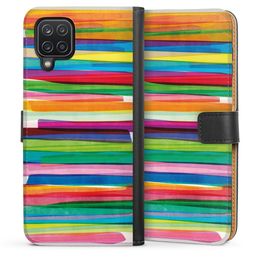 DeinDesign Galaxy A12 Handy Klapph&uuml;lle Handyh&uuml;lle aus Kunst Leder schwarz Flip Case Stripes Water Colour Colourful Sideflip mit langer Lasche